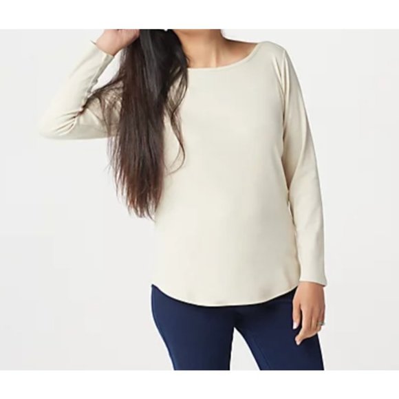 Denim&Co | Tops | Denim Co Interlock Boat Neckline Curved Hem 34sleeve ...